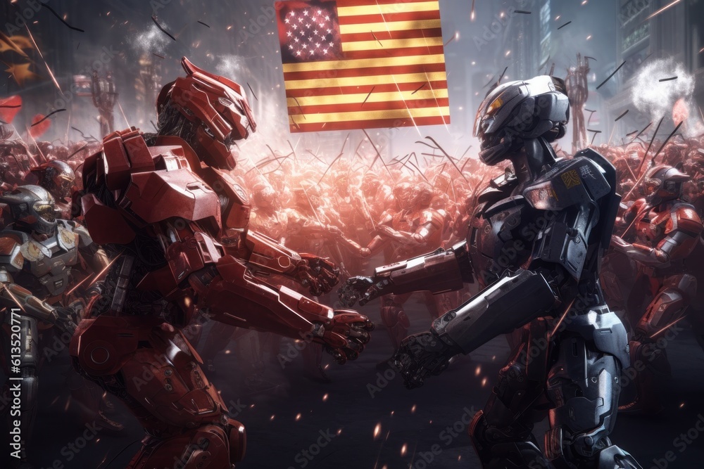 Two cyborgs fight each other against the background of the American ...