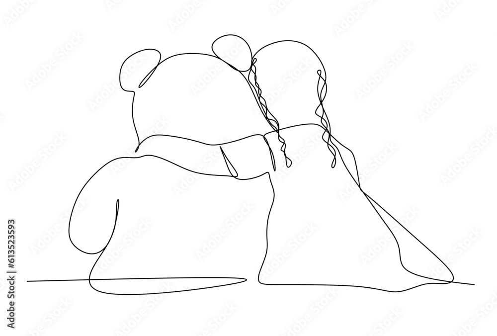 Kid hugging teddy bear. Hand drawn continuous line vector illustration ...
