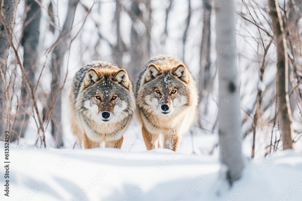 Two Wolves Walking Side by Side in Snowy Forest - AI Generative Stock ...