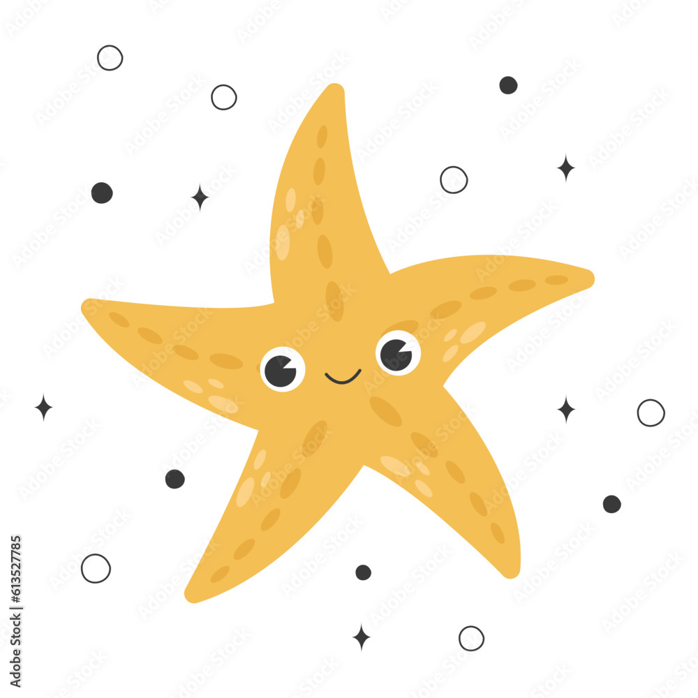 Poster with cute sea yellow star. Colorful sticker illustration with ...