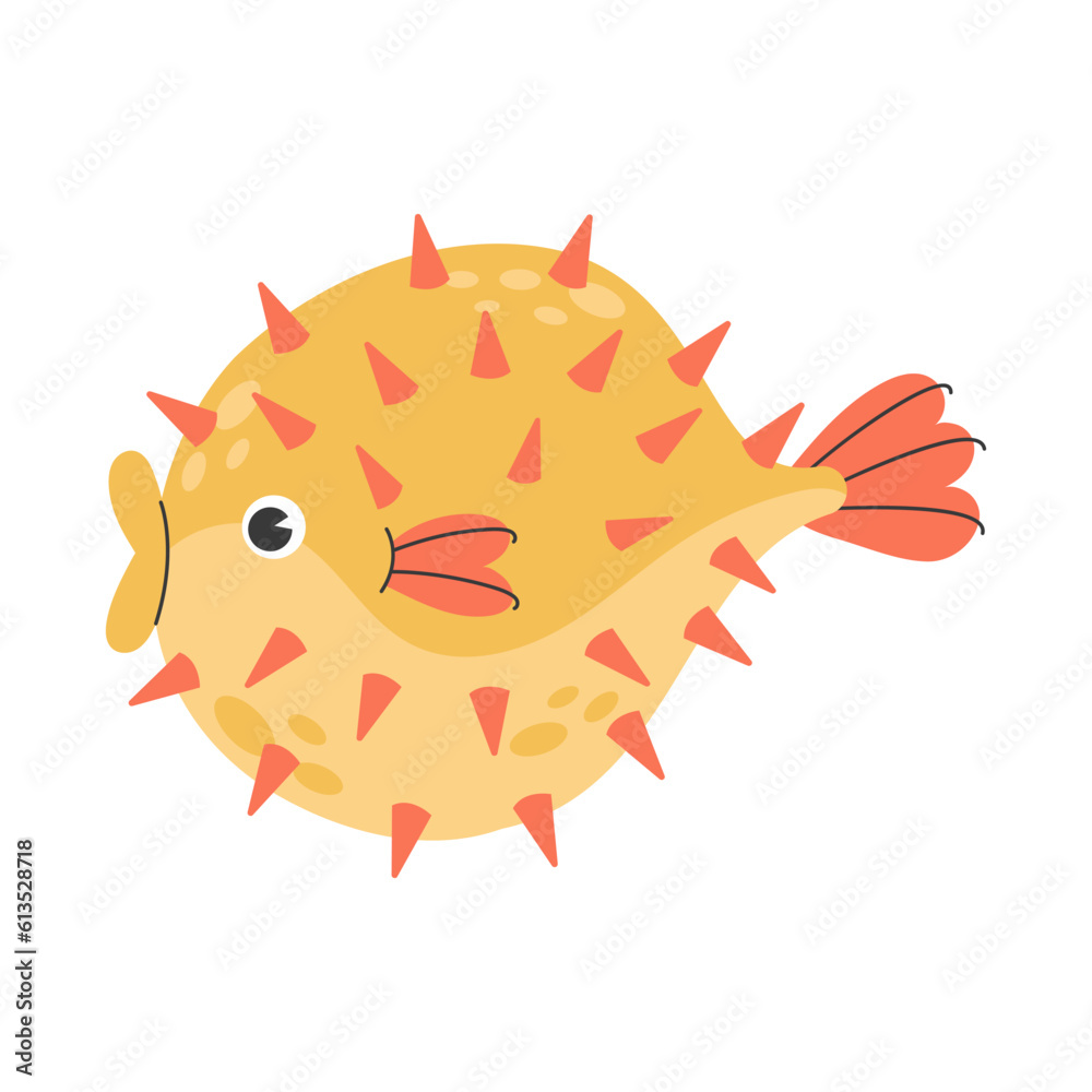 Poster with cute marine yellow puffer fish isolated on white background ...