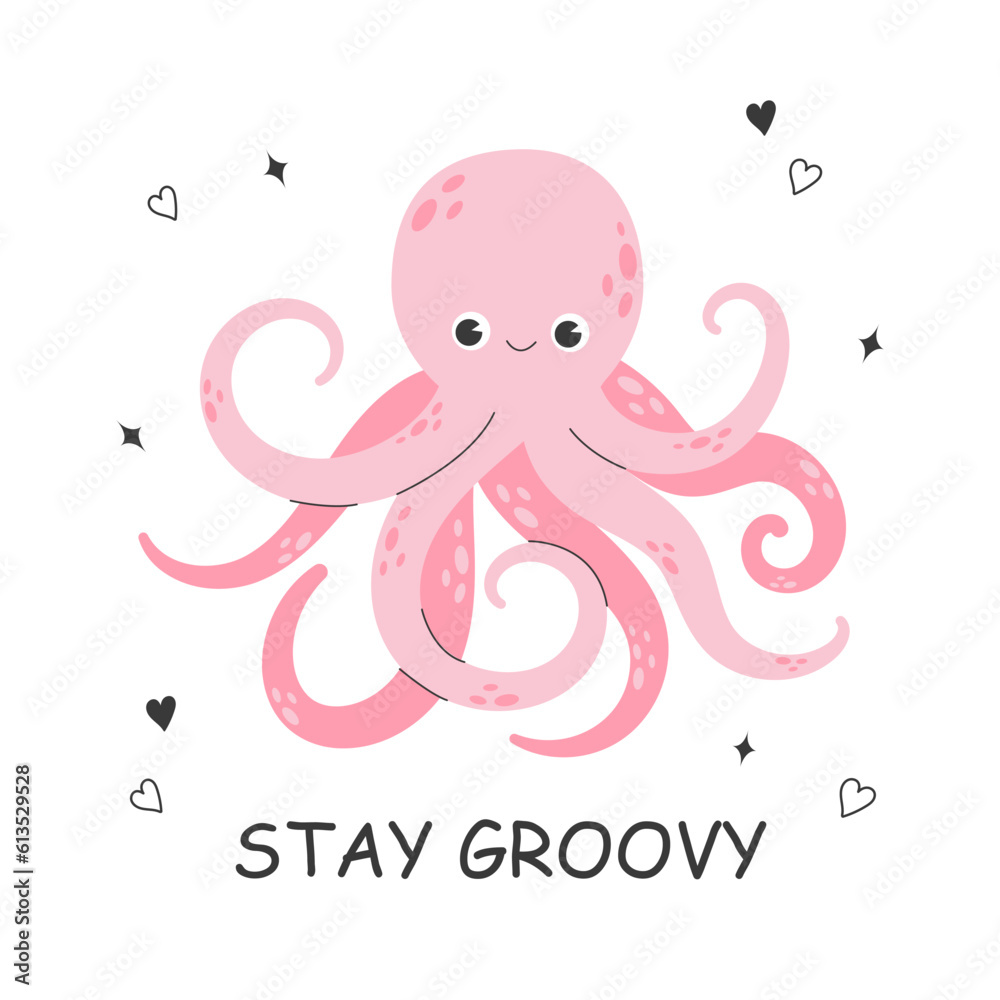 Cute smiling octopus with doodle elements and lattering isolated on ...