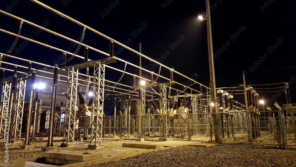 Switchyard: Air Insulated Substation and Hybrid switchgear at nighttime ...
