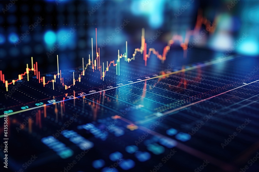 Stock market chart, graph, diagram and indicators on dark blue ...
