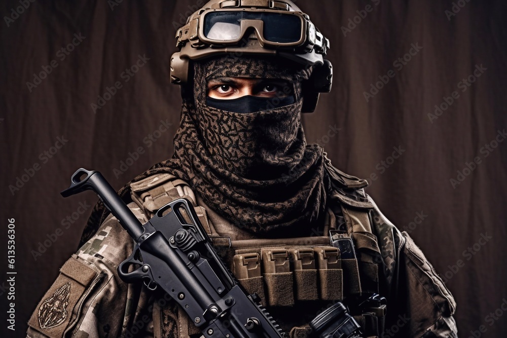 Military man in full equipment with wach on his hand is holding machine ...