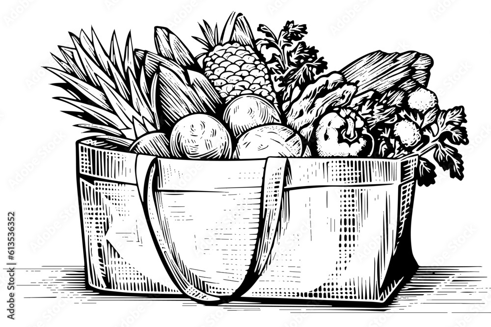 Grocery bag full of fruits and vegetables engraving sketch vector hand ...