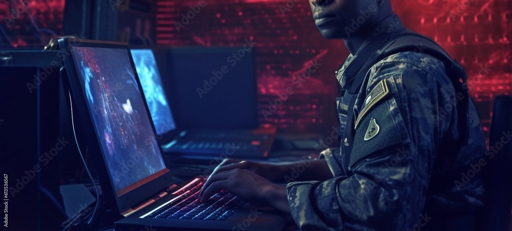 American soldier in military uniform using high tech computer in ...