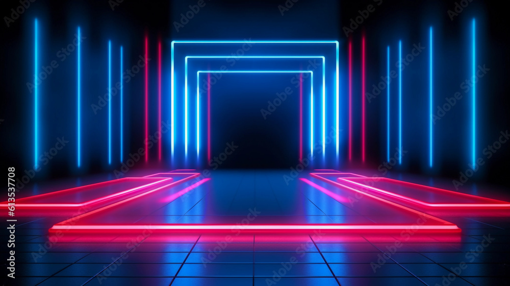 Empty red and blue glowing neon light stage background for E-sport ...