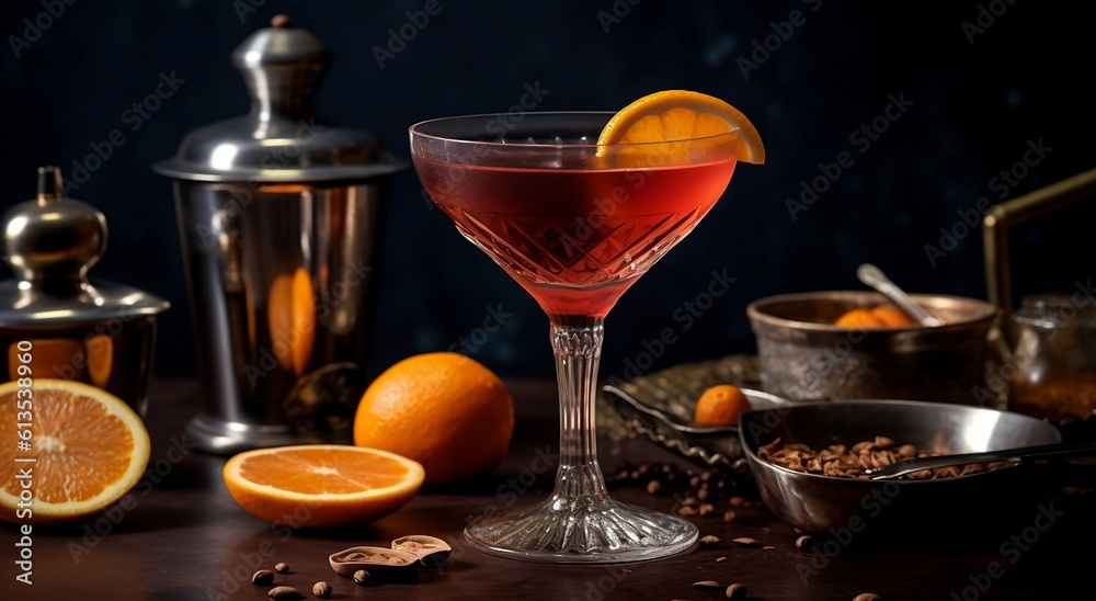 This image shows a classic cocktail setup with several glasses of ...