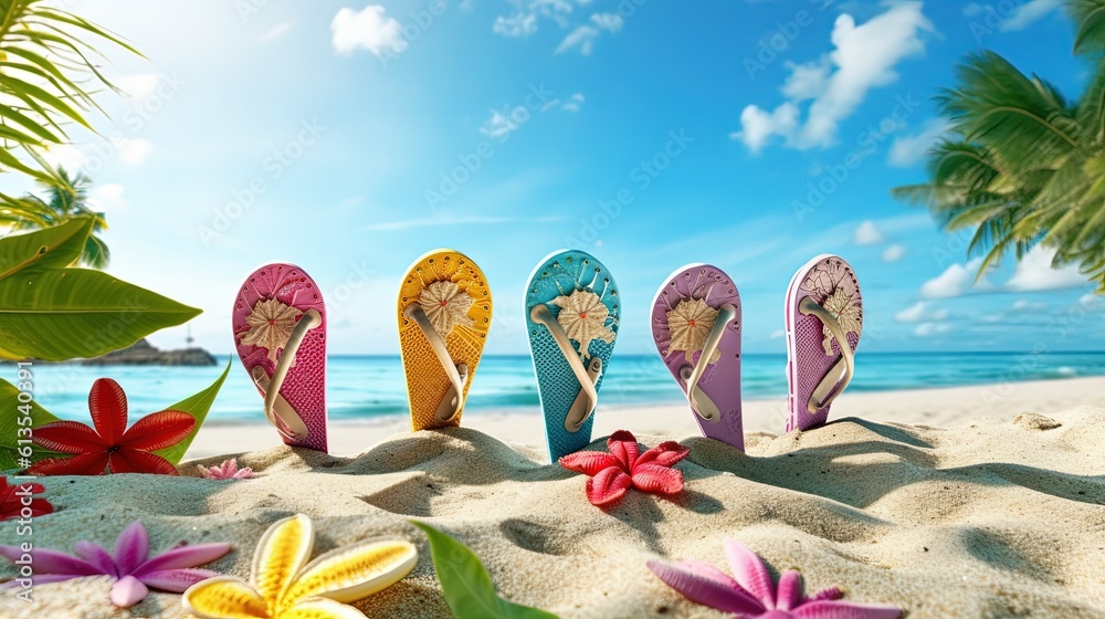 Four colorful flip flops with flower designs on the sole implanted ...