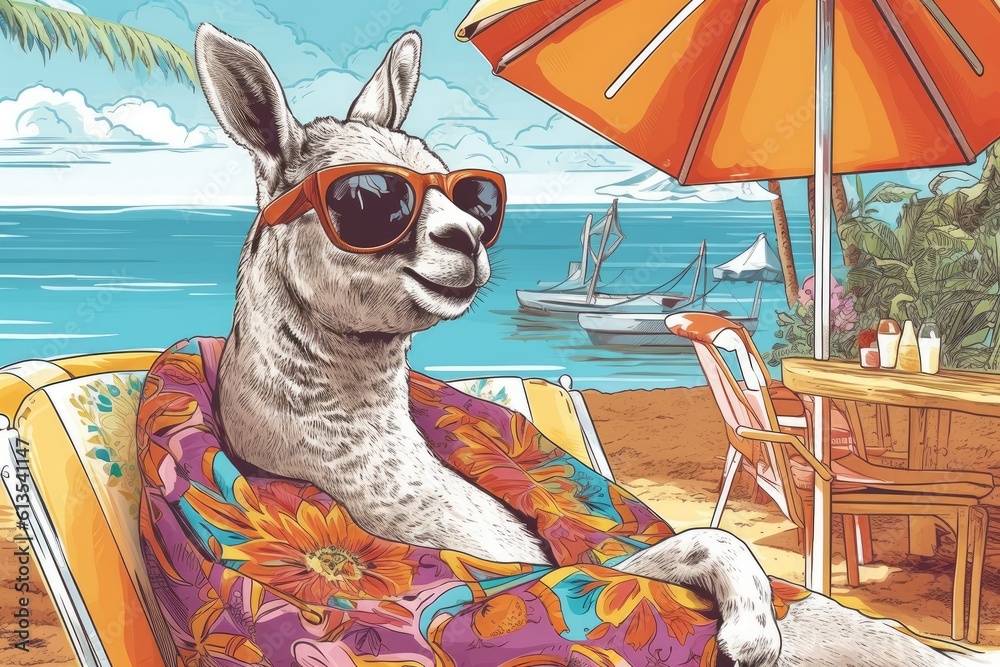 llama character sunbathing on a deckchair during a tropical summer ...
