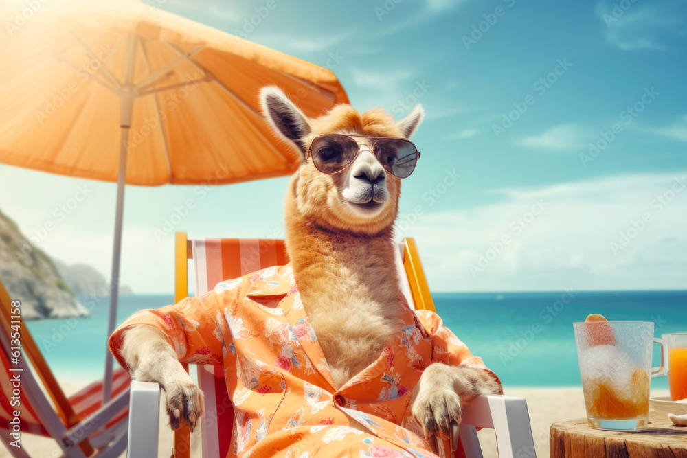 llama character sunbathing on a deckchair during a tropical summer ...