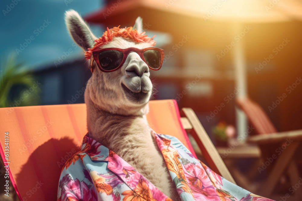 llama character sunbathing on a deckchair during a tropical summer ...