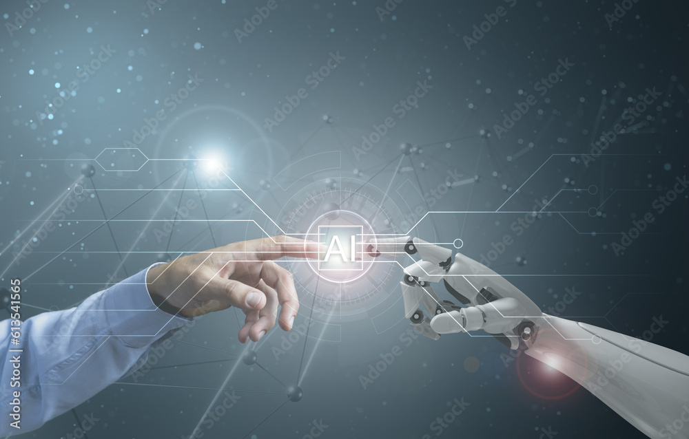 Human and robotic fingers touching digital artificial intelligence icon ...