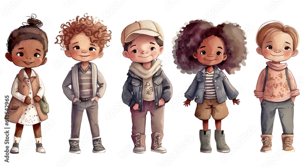 Set of smiling cartoon little kids in spring casual clothes standing in ...