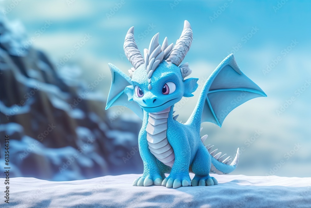 A majestic ice dragon, standing on a snowy mountain, depicted in a ...
