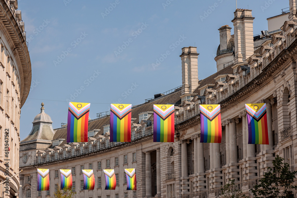 Pride flags with rainbow colours flying over Regent Street in London ...