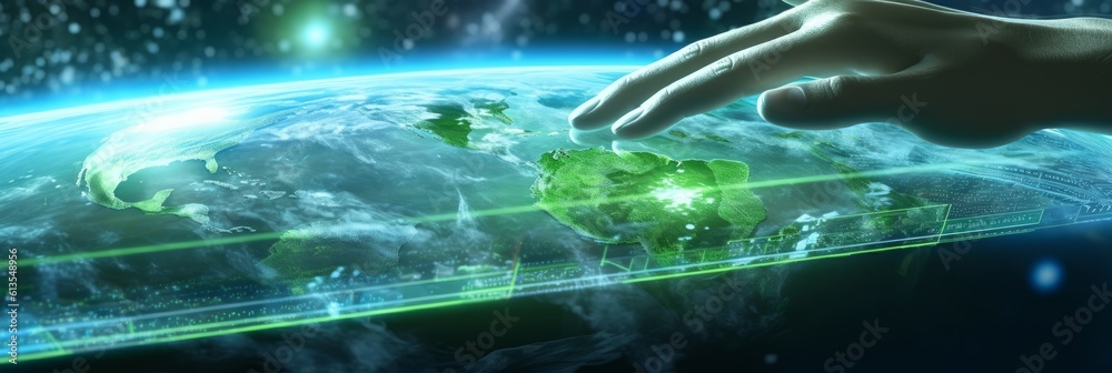 a concept image of a human hand touching a futuristic holographic panel ...