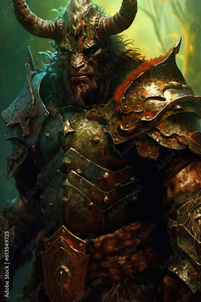 Terrifying figure of the minotaur with armor and large horns ...