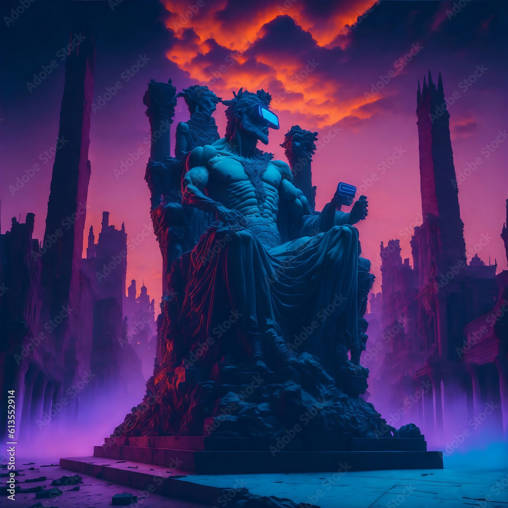 epic photo of ancient roman sculpture of philosopher with vr glasses ...