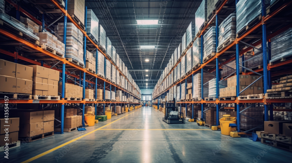 Massive Industrial Warehouse with High Shelves, Cardboard Boxes and ...