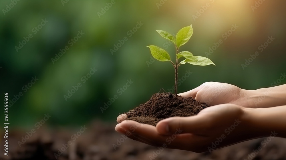 Hands holding a handful of earth with a growing sprout circular economy ...
