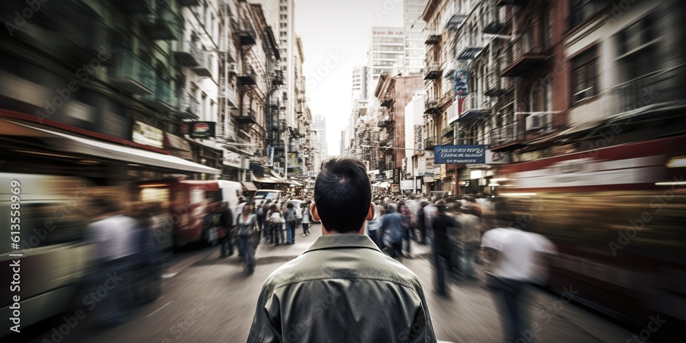 Person standing still amidst a bustling city street, as the motion blur ...