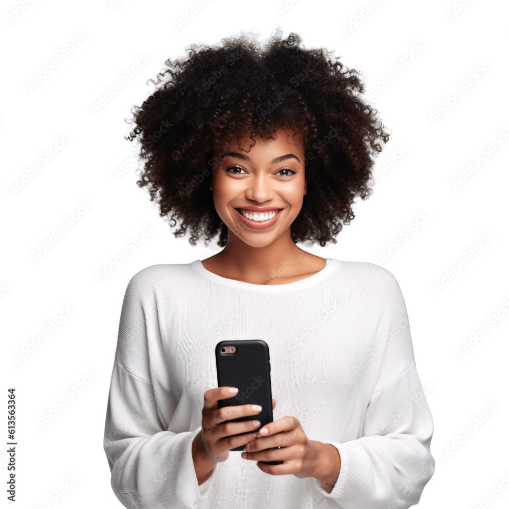 Portrait of a beautiful, young black woman holding a phone. Isolated on ...