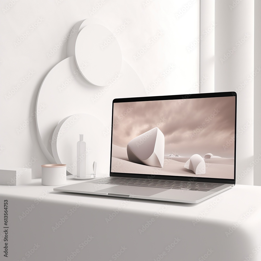 Minimal mockup of a modern working table setup with computer lap top ...