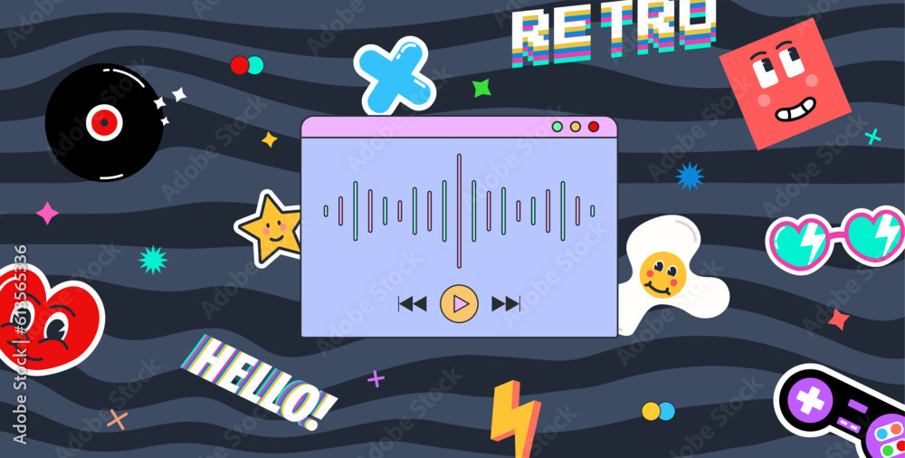 90s retro background with different object. Ui elements, nostalgic game ...