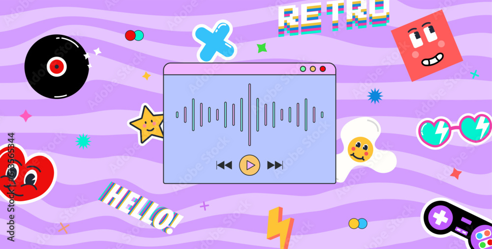 90s retro background with different object. Ui elements, nostalgic game ...
