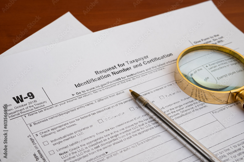 Tax Form W-9 Request for Taxpayer Identification Number and Certification, business concept ...