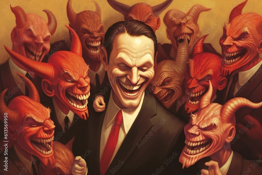 Bunch of greedy evil politics with devil like eyes and horns laughing ...