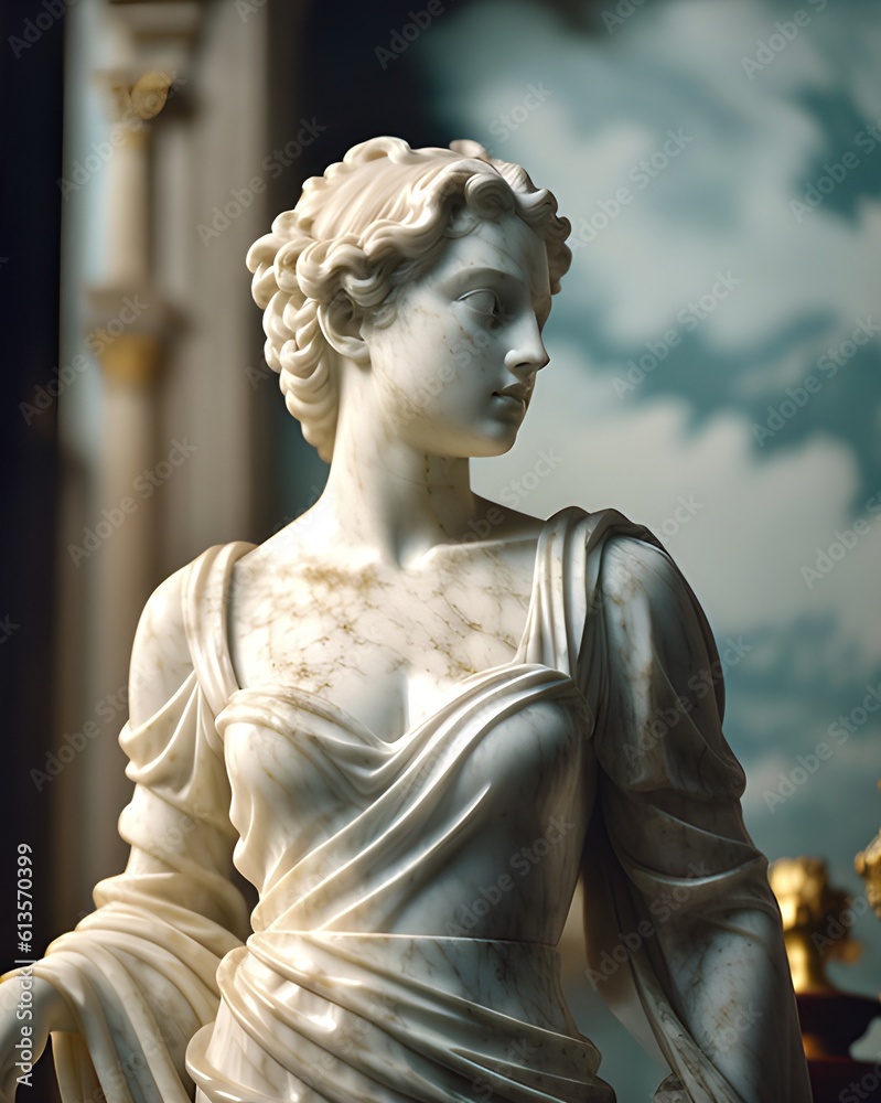 Image of a white marble statue of a young woman with alabaster skin ...