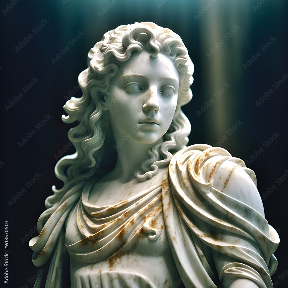 A generative ai of a white marble statue of a young woman with ...