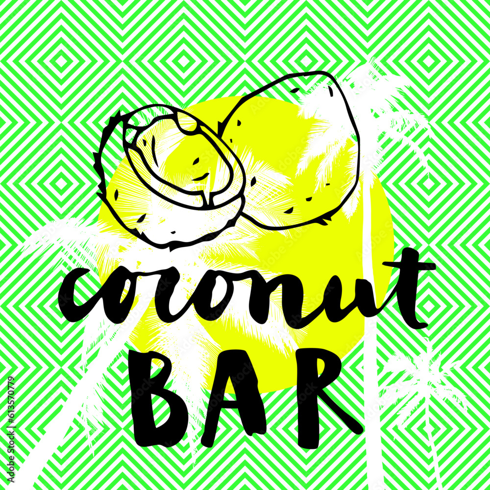 Coconut Bar. Modern calligraphy. Summer restaurant design with flat ...