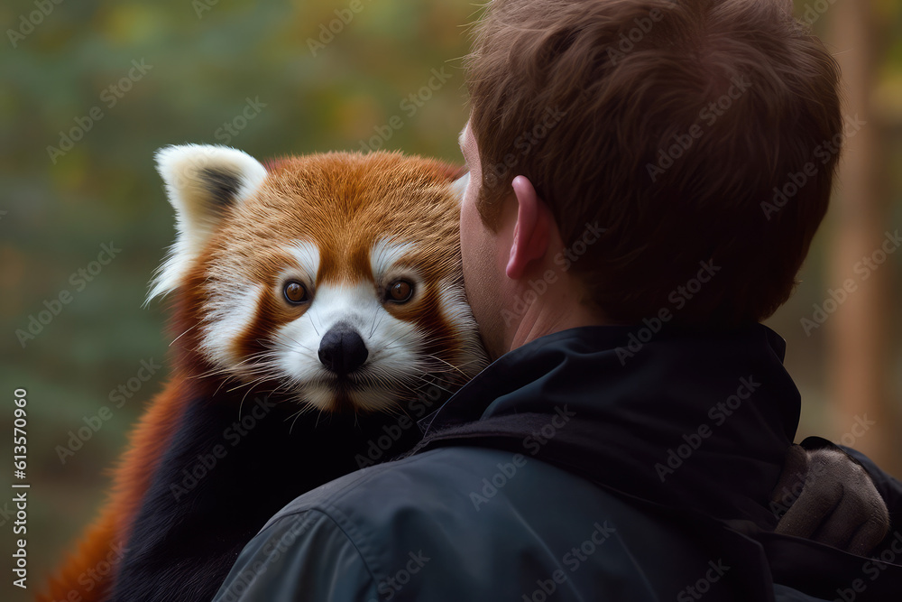 Cute red panda face portrait close-up. Wild fluffy red panda hugging ...