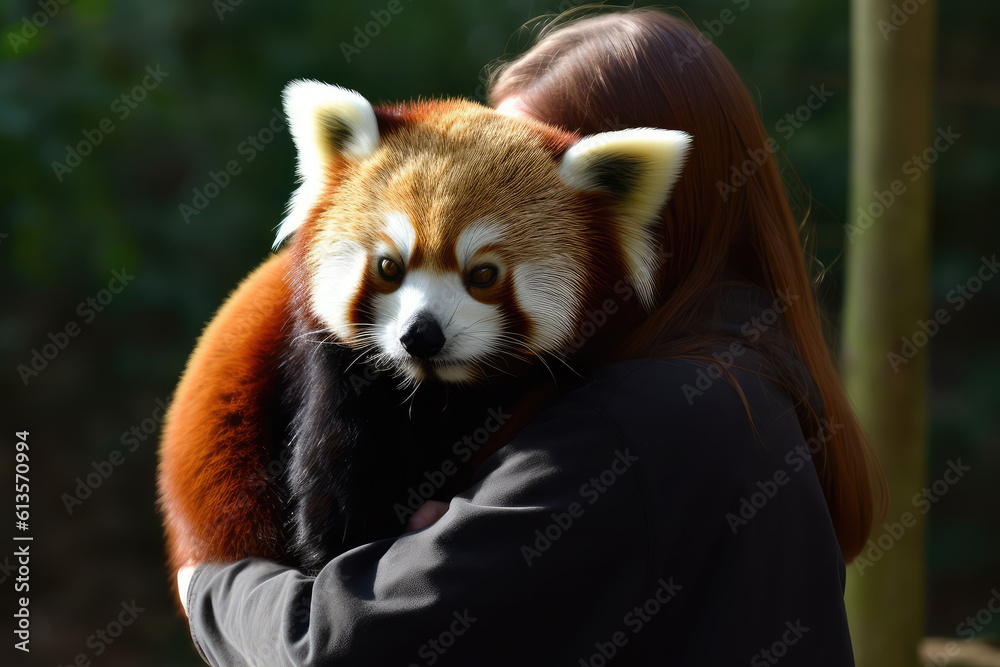 Cute red panda face portrait close-up. Wild fluffy red panda hugging a ...
