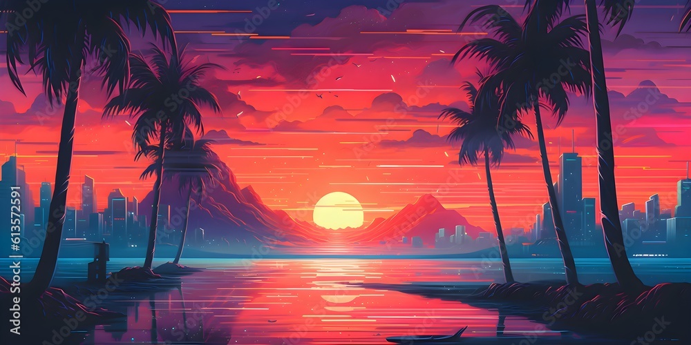 Beautiful tropical beach landscape with palm trees and a mountain range ...