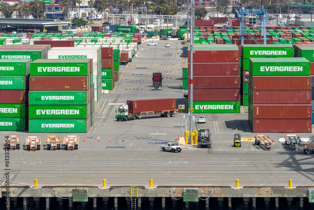 San Pedro, CA, USA – June 2, 2023: Evergreen shipping containers ...