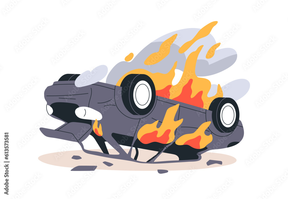 Overturned car on fire. Damaged auto burning after accident or ...