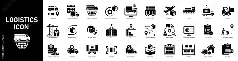 Logistics icon set. Shipping, transportation, delivery, cargo, freight ...