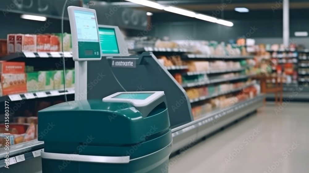 a bar code scanner at a self-checkout in a contemporary supermarket ...