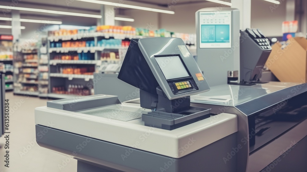 a bar code scanner at a self-checkout in a contemporary supermarket ...