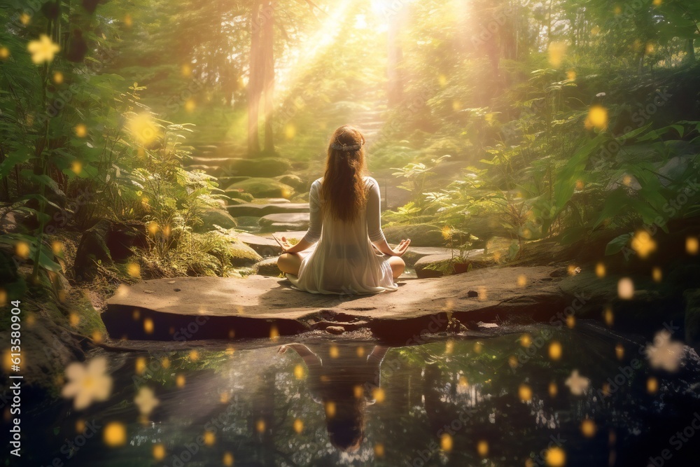 Woman in the state of meditation in magic heavenly forest with lush ...