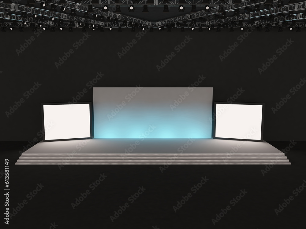 event Empty stage front view. with a rectangular screen for projection ...