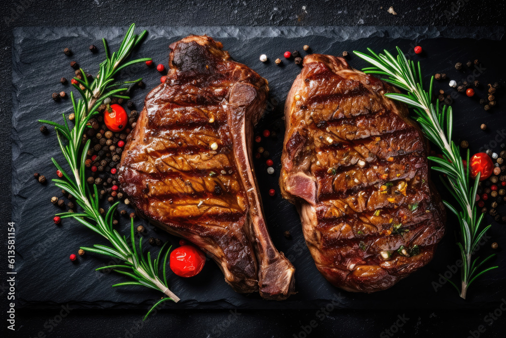 Steak menu. Juicy grilled steaks on a black stone background: t-bone ...
