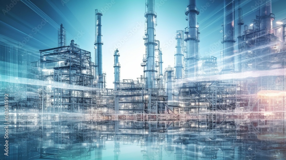 With double exposure artwork, an oil, gas, and petrochemical refinery ...