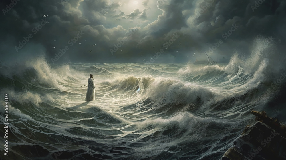 spiritual figure standing on the water with shipwreck and large waves ...