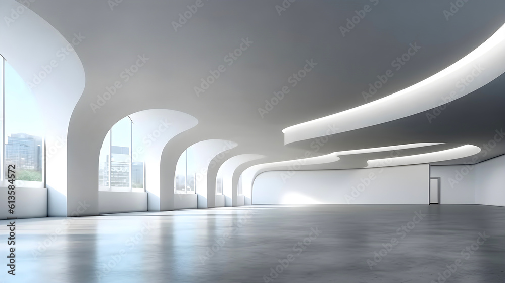 Curved Abstract interior design 3D rendering of modern showroom ...